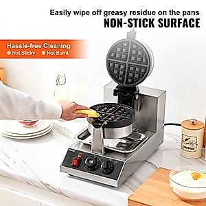 VEVOR Commercial Waffle Maker, 1300W Round Waffle Iron, Non-Stick Rotatable Waffle Baker Machine With 122-572℉ Temp Range and Time Control, Teflon-Coated Baking Pan Stainless Steel Body 120V