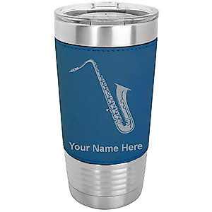 LaserGram 20oz Vacuum Insulated Tumbler Mug, Saxophone, Personalized Engraving Included (Faux Leather, Blue)