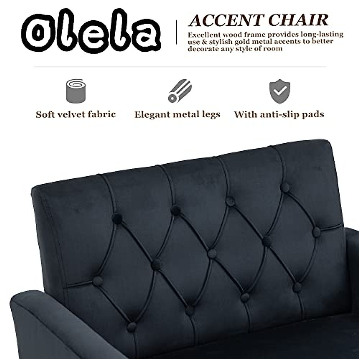 Olela Accent Chair Set of 2,Velvet Armchair Single Sofa Modern Tufted Upholstered Side Reading Chairs with Arm and Gold Metal Leg for Living Room Bedroom Club Nursery Office Decorate(2, Black)