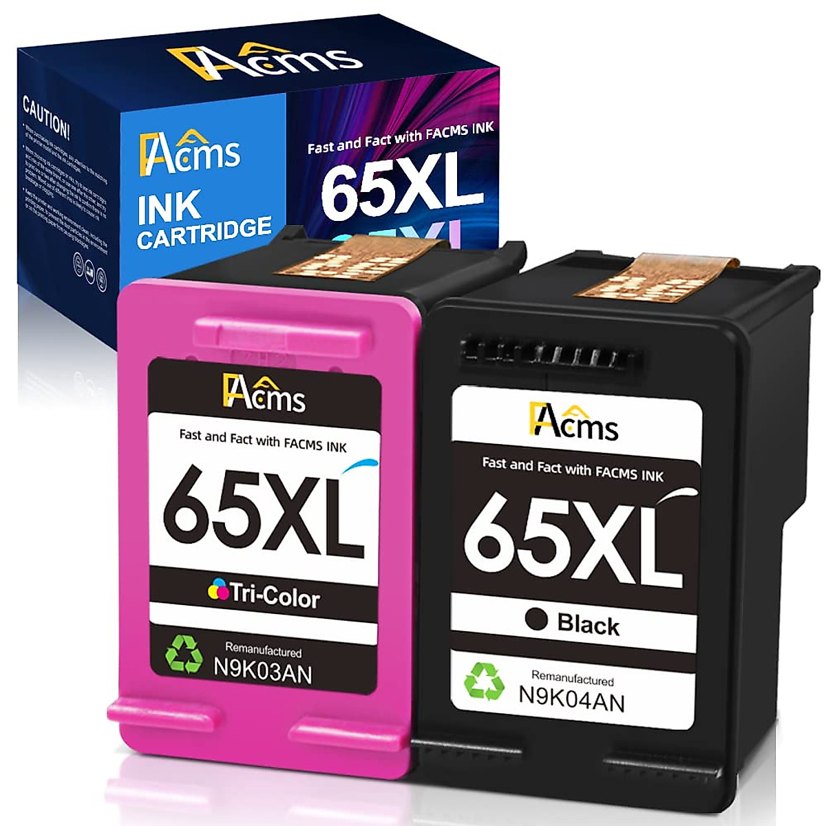 FACMS Remanufactured Ink Cartridges Replacement for HP 65XL 65 XL Ink Cartridge for Envy 5055 5052 5058 DeskJet 3755 2652 2655 3722 3723 3752 3758 3730 3720 3700 2622 2655 Printer (1 Black, 1 Color)