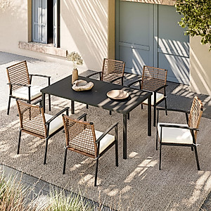 LAUSAINT HOME 7 Pieces Patio Dining Set, Outdoor Furniture Set of 6 Chairs with Soft Cushion and Iron Slats Table Top with Umbrella Hole, Conversation Set for Backyard, Garden and Poolside
