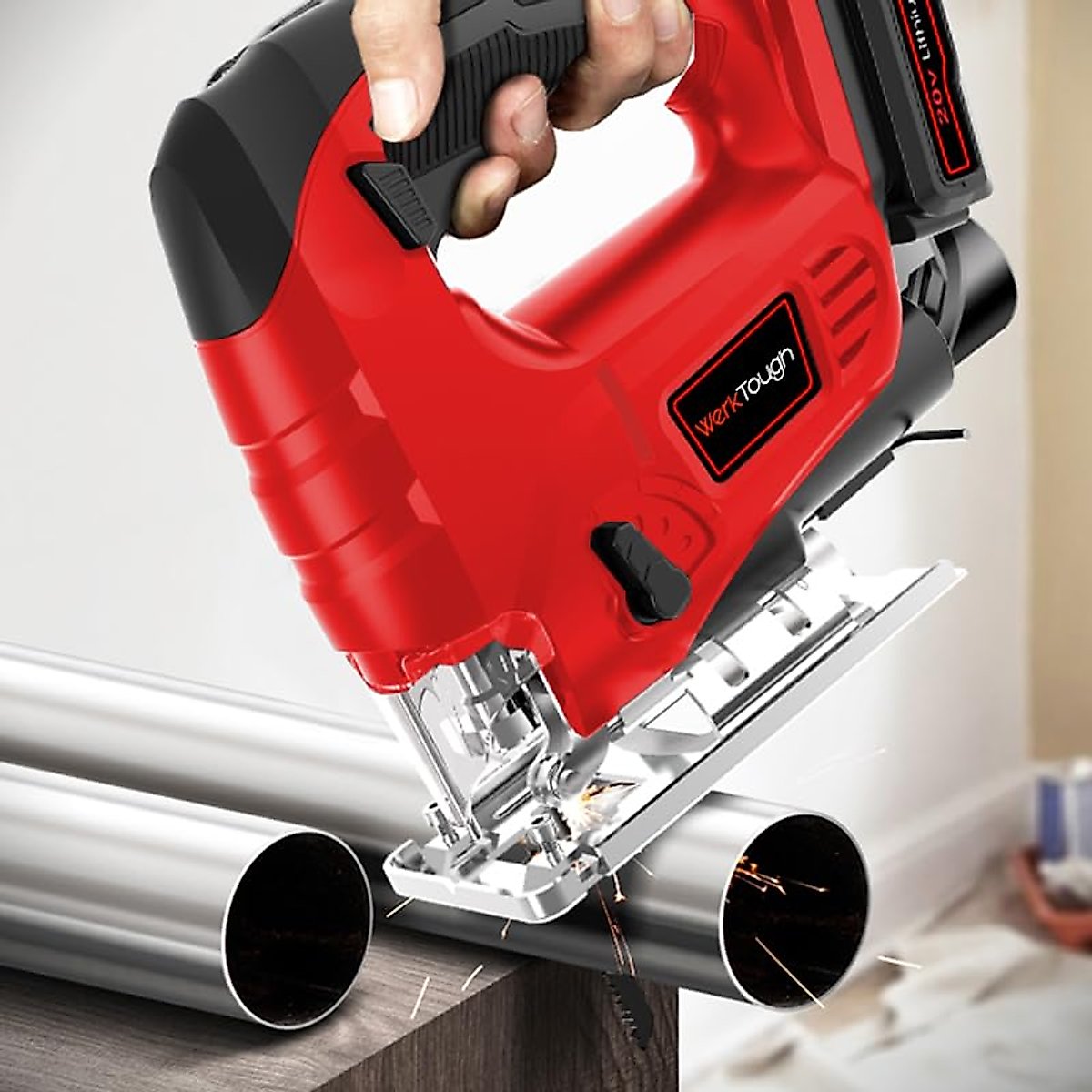 Powertough Cordless Jig Saw,20V Electric Jigsaw Tool Kit with Variable Speed,Pendulum Function, 0-45°Adjustable Cutting Bevel,2.0A Li-ion Battery With 1 Hour Fast Charger,9pcs Free Blade