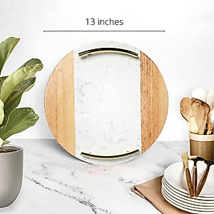 Marble Cheese Board with Handle 13" Round - Beautifully Handcrafted Marble and Wood Charcuterie Board - Wonderful Housewarming Gift
