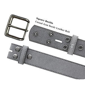 Square Buckle Casual Jean Suede Leather Belt 1 1/2" Wide (Gray, 34)