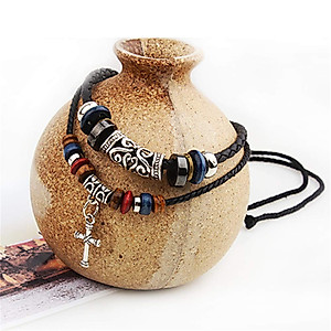 SMALLLOVE Leather Tribal Necklace for Women and Men Vintage Bohemian Style Ethnic Wood Beads Choker Braided Adjustable Double Layers Beaded Charm Cross Pendant (Black)