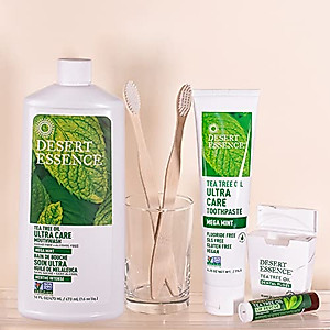 Desert Essence Ultra Care Mouthwash, Mega Mint, 16 fl oz - Alcohol Free, Sugar Free, Gluten Free, Vegan, Non-GMO - Aloe, Sage, Chamomile, Tea Tree Oil, Peppermint & Spearmint Essential Oils
