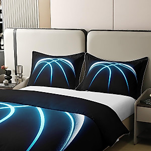 100% Natural Cotton Basketball Comforter Cover for Boy Young Man Sports Game Theme Duvet Cover Full Size Blue Lines Stripes Neon Lines Bedding Set Basketball Court Player Quilt Cover Black 3Pcs