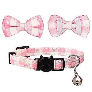 Gyapet Pink Cat Collar Breakaway Safety with Bell Bow Tie Pack in 2 Plaid Flower Pattern Kitten 7-11in Pink Flower & Plaid