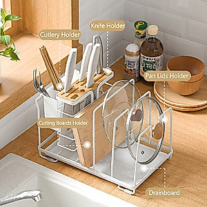 Poeland Multifunctional Kitchen Pantry Organizer Rack, Knife Holder, Countertop Kitchenware Rack, Pot Lid Holder