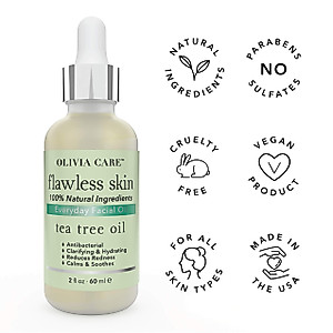 Olivia Care Flawless Essential Facial Oil 100% Natural. Nourishing, Plump, Reviving, Hydrating, Calming & Soothing. Stabilize & Retain Moisture (Tea Tree)