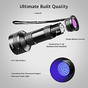 LE UV Flashlight Black Light, 51 LED UV Light Handheld Blacklight, 395nm Detector for Pet Urine, Stains, Bed Bug and Scorpions, Battery Not Included