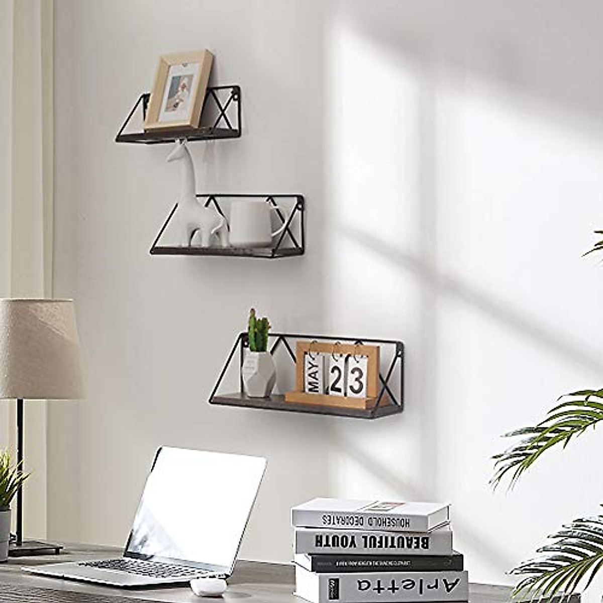 Coral Flower Floating Wall Shelves Set of 3 Rustic Space-Saving Decorative Wood Hanging Shelves Wall-Mounted Shelves Corner Shelves for Bathroom Kitchen Living Room Bedroom, rustic brown