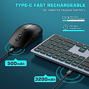 Wireless Keyboard and Mouse Combo Rechargeable, Full Size Wireless Keyboard with Backlit, 2.4G Silent USB Wireless Keyboard Mouse Combo [with USB C Adapter] for Windows, Mac OS Desktop/Laptop/PC