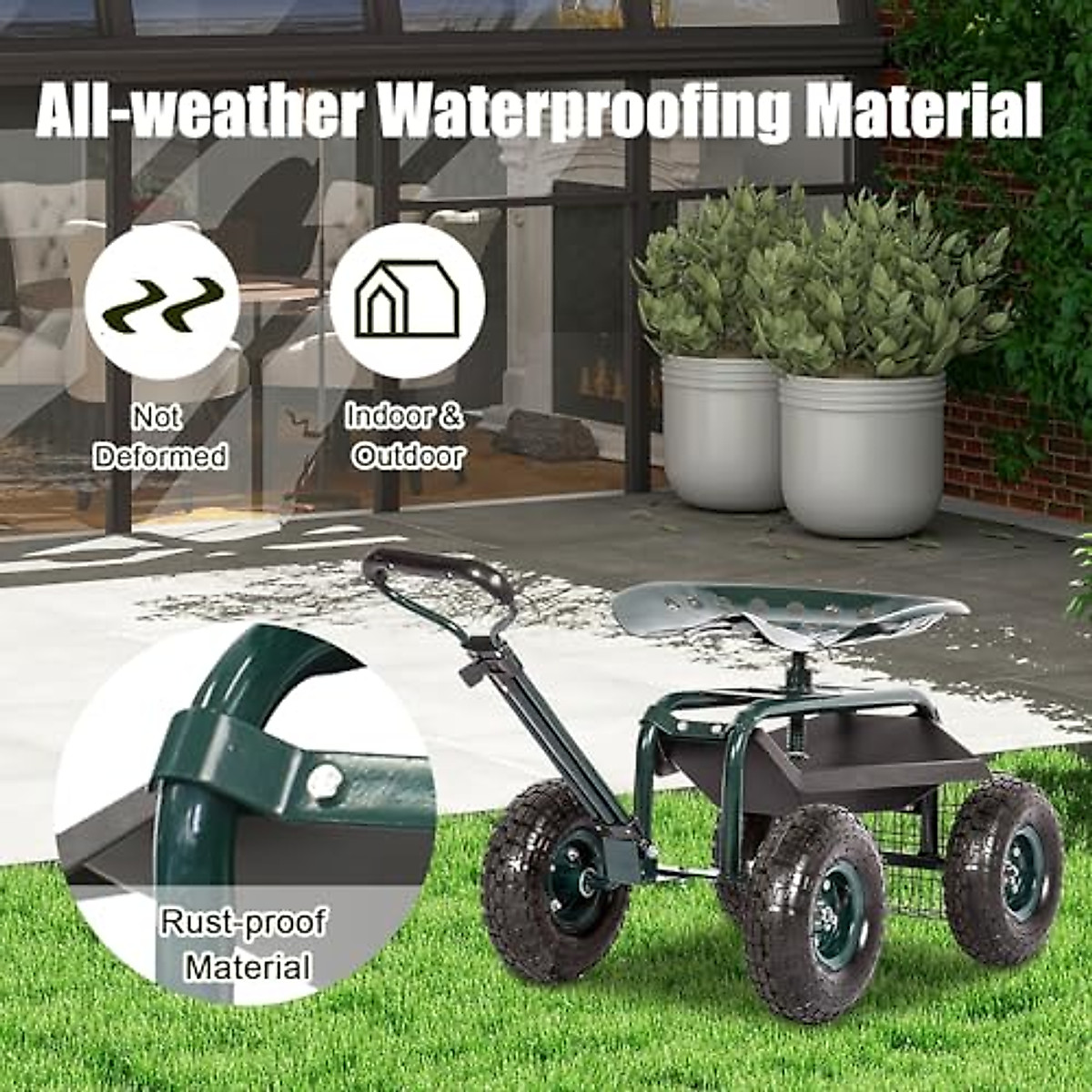 Kinsuite Rolling Utility Garden Cart Patio Wagon with Adjustable 360 Degree Swivel Seat Heavy Duty Steel Frame