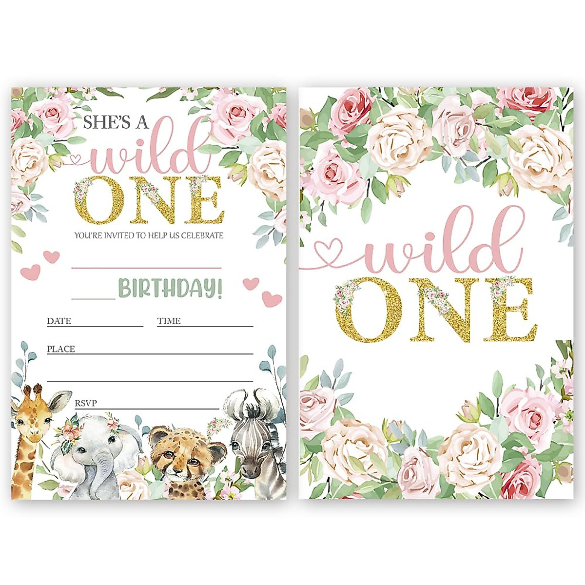 FujLoy Wild One Birthday party Invitations, Wild One Invitations, Jungle Theme, Animals Birthday Party Invites.（060）