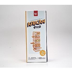 Nene Toys Wooden Block Stacking Game – 4-in-1 Tumble Tower Family Board Game with Building Blocks, Cards and Dice – African Safari Educational Wooden Toy for Kids 3-9 Years Old About Animals