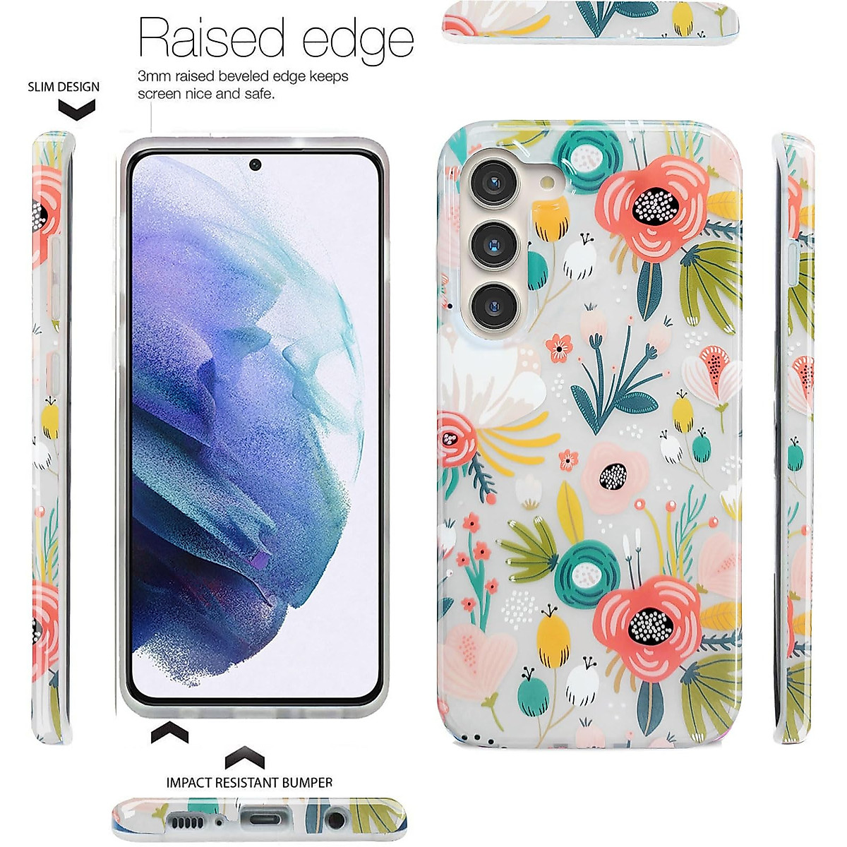 J.west Designed for Samsung Galaxy S23 Plus Case 5G 6.6", Soft Frosted Clear Case with Flower Cute Silicone Cover Elegant Floral Print Durable Slim Protective Phone Case for Women Girls