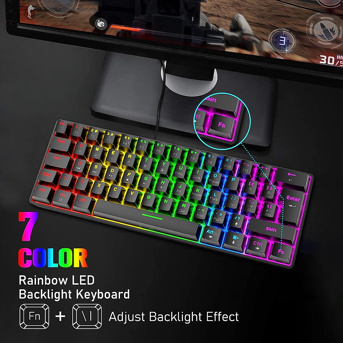 Mechanical Gaming Keyboard and Mouse Mini Wired Combo with RGB Headset Rainbow Backlight Ergonomic 62Key Anti-Ghosting Adjustable Mic 6400DPI Mice USB-C for PC Gamer Computer Typist(Black/Red Switch)
