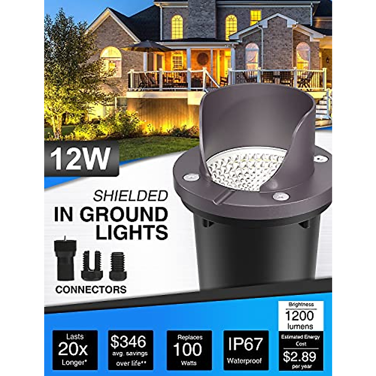 SUNVIE 12W Low Voltage Landscape Lights Waterproof Outdoor In-Ground Lights Shielded LED Well Lights 12V-24V Warm White Landscape Lighting for Pathway Garden Fence Deck, 6 Pack with Wire Connectors