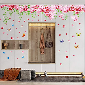 RW-239 Pink Flowers Wall Decals 3D Warm Peach Blossom Wall Stickers DIY Removable Butterfly Cherry Floral Green Tree Leaf Wall Art Decor for Kids Girls Bedroom Living Room Nursery Decoration