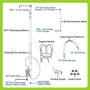 XUNCHI 24 Feet High Pressure Power Washer Telescoping Lance Extension Wand with 1/4 Inch Quick Connection, 5 Spray Nozzle Tips and Harness Belt, Pivoting Coupler, 2 Adapters, 4000 PSI Max Pressure
