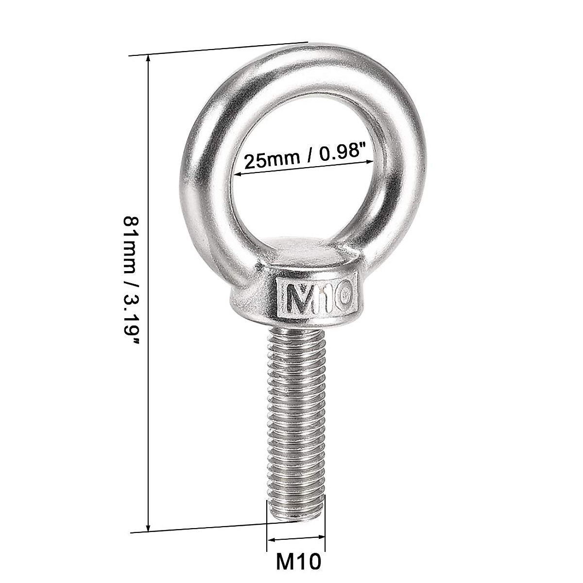 uxcell Lifting Eye Bolt M10 x 35mm Male Thread 304 Stainless Steel for Hanging, Pack of 2