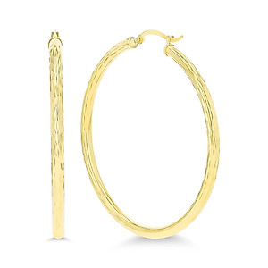 Solid 14K Yellow Gold Polished Diamond Cut Hoop Earrings for Women | 3mm Thick Classic Diamond Cut Hoops Style, 3x50mm