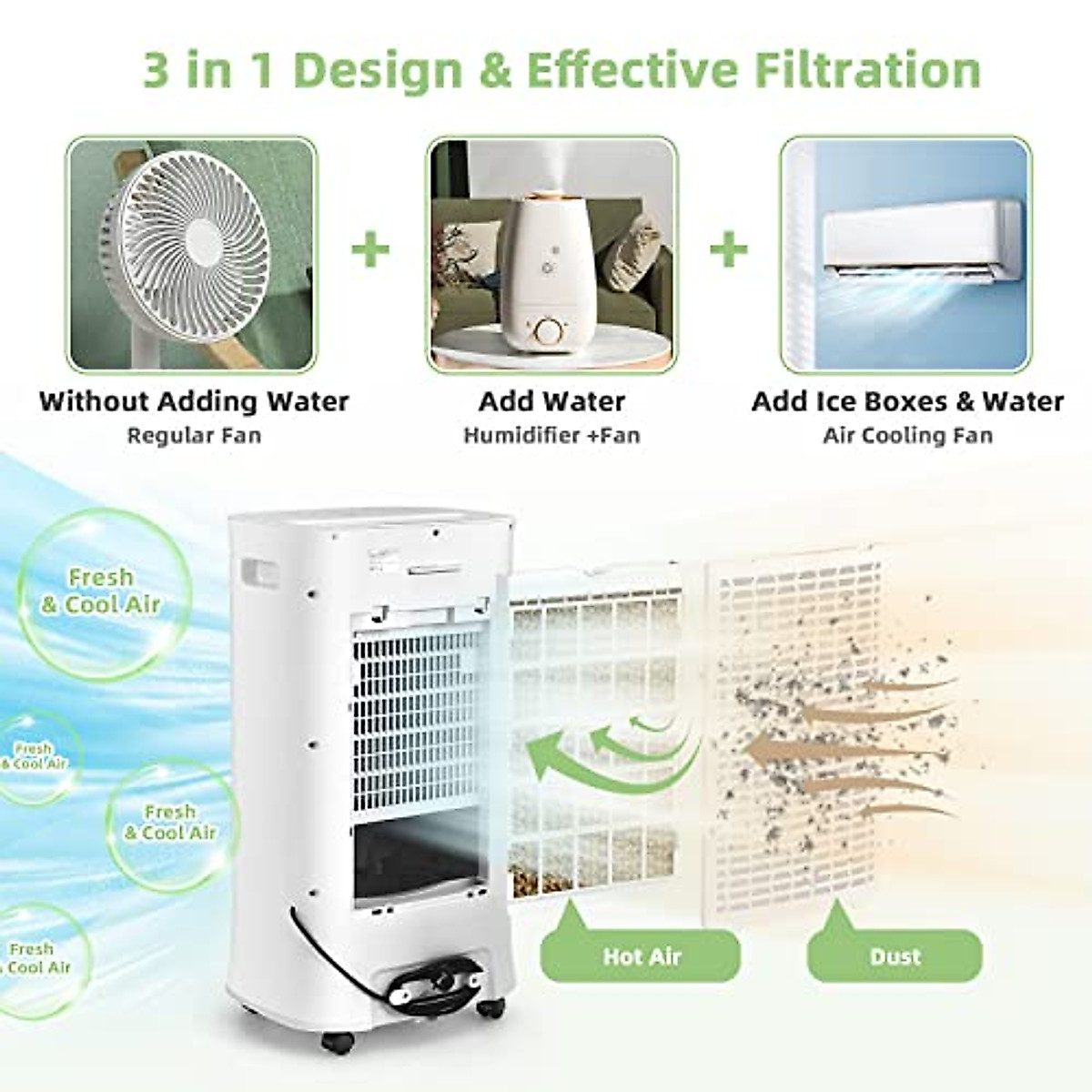 COSTWAY Evaporative Air Cooler, Portable Cooling Fan & Humidifier with Remote, 15H Timer, 63° Oscillation, 3 Modes, 3 Speeds, 2.6 Gal Water Tank, LED Display, Quiet Swamp Cooler for Bedroom Office