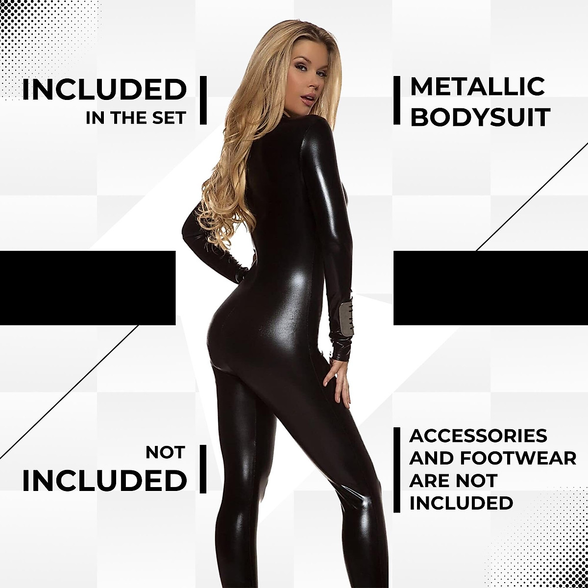 Forplay Women's Metallic Zip Front Mock Neck Catsuit Black Large/X-Large