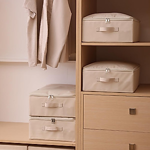 iwill CREATE PRO Pack of 2, 20.5X 14.2X 6.3, Shallow Fabric Folding Storage Box with Soft Zip Lid for Underpants/Scarves/Socks in Bedroom Wardrobe, or Electronics Accessories Organizer, Beige