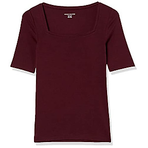 Amazon Essentials Women's Slim-Fit Half Sleeve Square Neck T-Shirt, Burgundy, Large