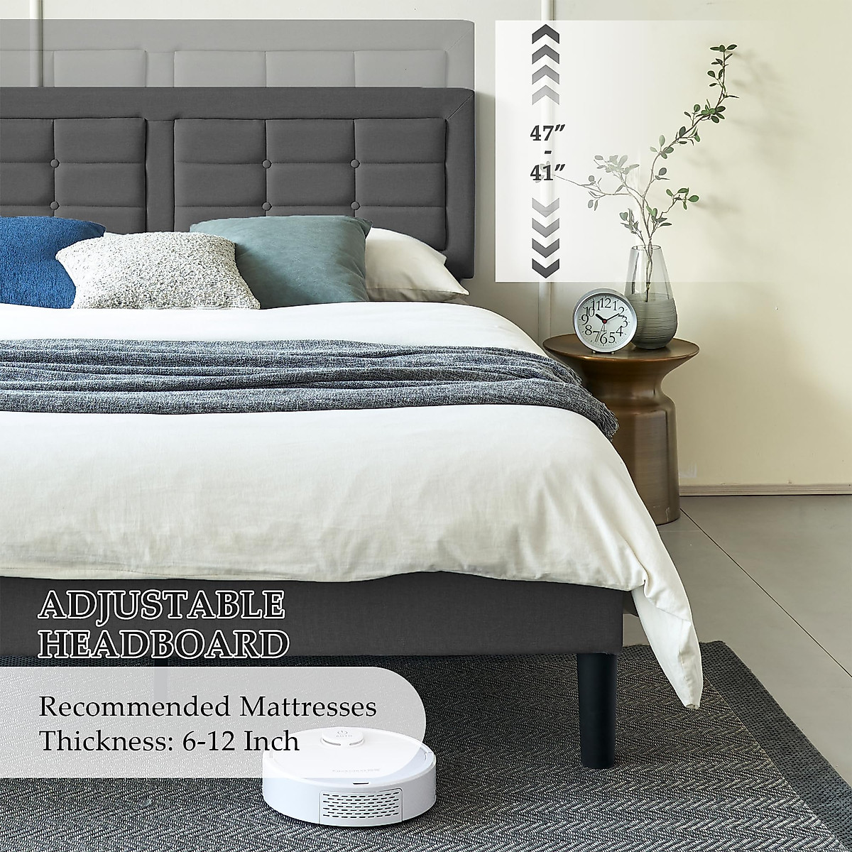VECELO Full Size Bed Frame with Adjustable Headboard, Upholstered Button Tufted Platform Bedframe with Wood Slats Support, No Box Spring Needed, Dark Gray