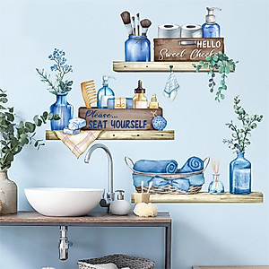 Blue Towel Shelf Wall Stickers, sacinora Cosmetic Brush Organizer DIY Wall Decals Removable Vinyl Peel and Stick for Boys Man Bathroom Restroom Toilet Art Home Decoration