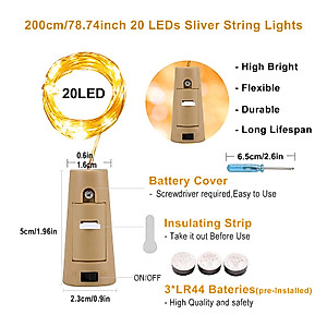 VOOKRY Wine Bottle Lights with Cork, 20 LED 8 Pack Battery Operated Cork Fairy String Lights Waterproof Mini Copper Wire Bottle Lights for Jar DIY, Party Wedding Gifts, Bar Decoration, Warm White