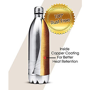 Thermosteel Duo Deluxe Insulated Water Bottle 18/8 Stainless Steel Double Walled for Hot & Cold (Stainless Steel, 34 oz (1000 ml))