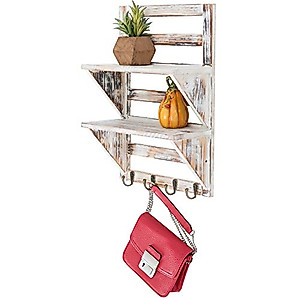 EXCELLO GLOBAL PRODUCTS 2-Tier Rustic Whitewashed Mounted Wood Wall Shelf with Shabby Chic, Farmouse Decor with 4 Hooks. Perfect for Any Room
