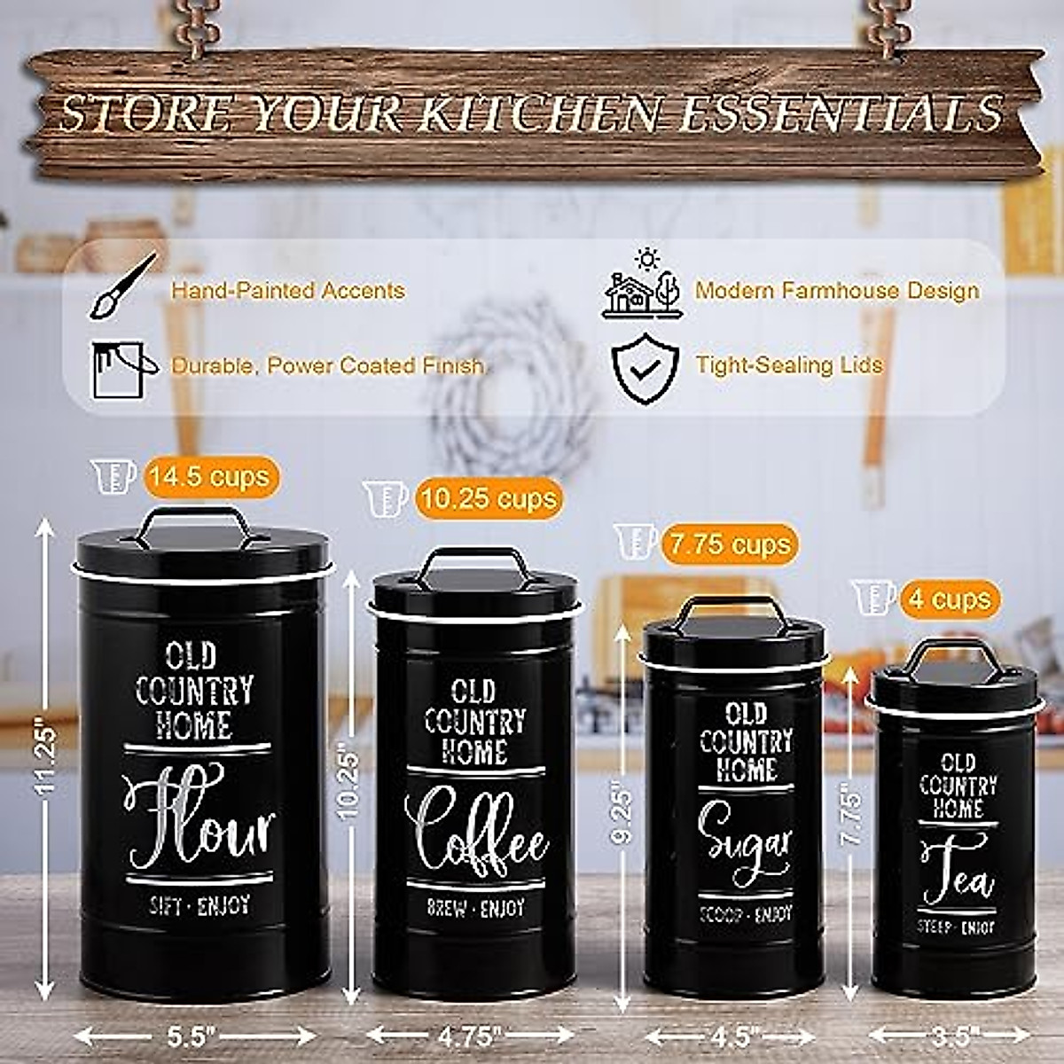 DAYYET Black Canisters Sets for the Kitchen, Airtight Kitchen Canisters for Countertop, Flour and Sugar Containers, Tea Coffee Sugar Canister Set, Black Kitchen Decor and Accessories, Set of 4