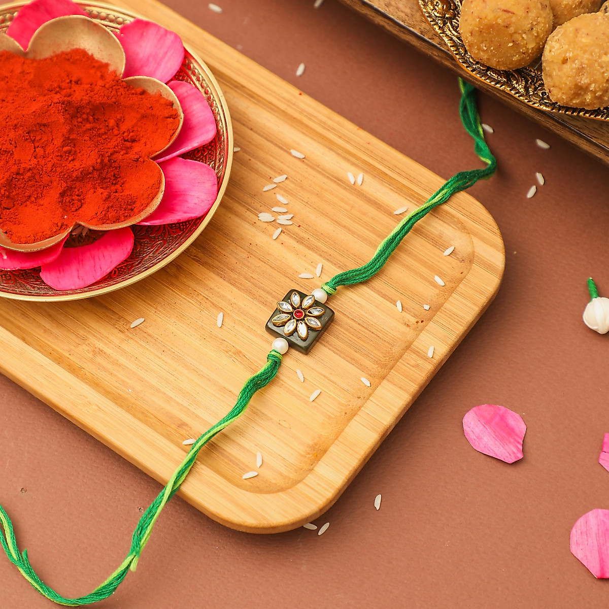 Desi Favors Green Kundan Rakhi for Raksha Bandhan - Rakhi for your Brother Gift - Traditional Beautiful Handmade Thread Rakhi for Beloved Rakshabandhan - 14 Inch