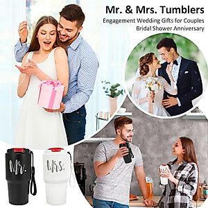 Mr & Mrs Tumblers Set, Mr and Mrs Stainless Steel Insulated Travel Mug Tumblers with Hand Strap, 20 oz Couples Drinking Coffee Cups for Newlyweds Engagement Wedding Gifts Bridal Shower Anniversary