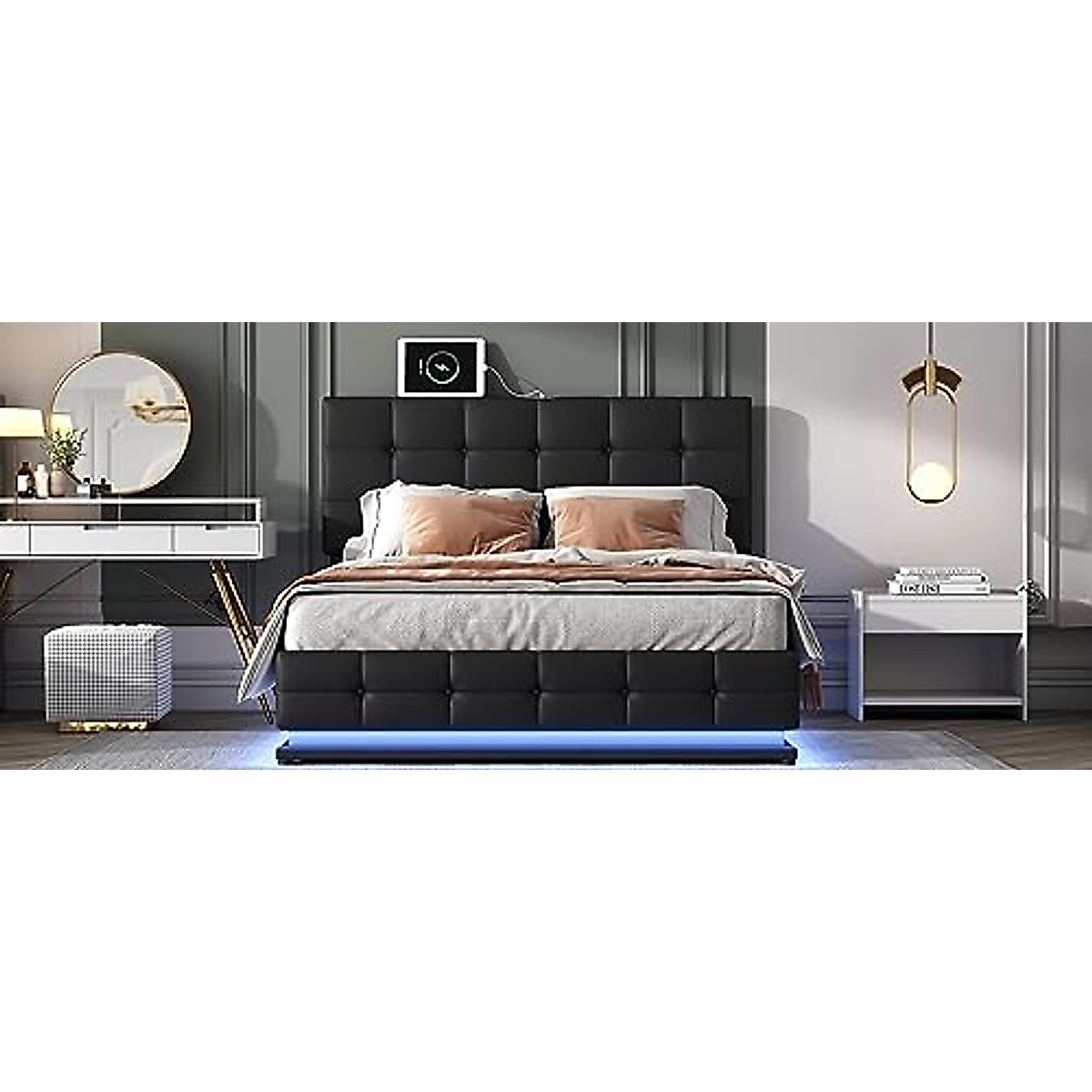 Gustonhon Queen Size Lift Up Storage Bed/Faux Leather Headboard with Storage and LED Lights and USB Charger,Hydraulic Storage System for Kids Teens and Adults, No Box Spring Needed(Black, Queen)