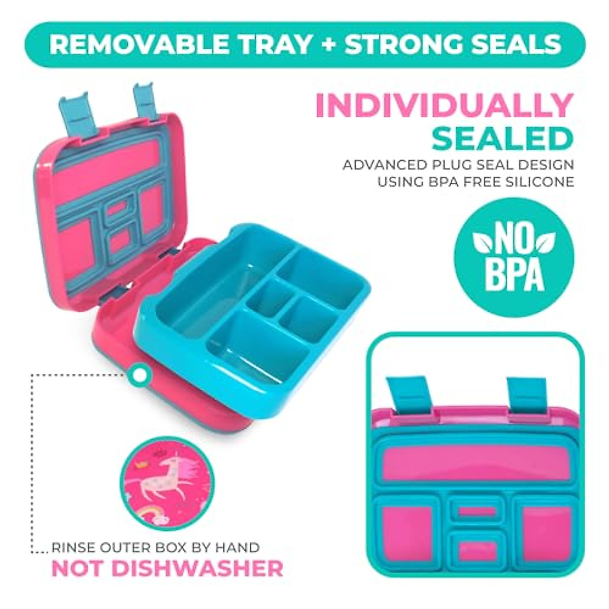 Bento Lunch Box for Kids Toddlers Boys Girls, 5 Portion Sections Secure Lid, Microwave Safe BPA Free Removable Tray, Pre-School Kid Daycare Lunches Snack Container, Unicorn Dinosaur 2 pack