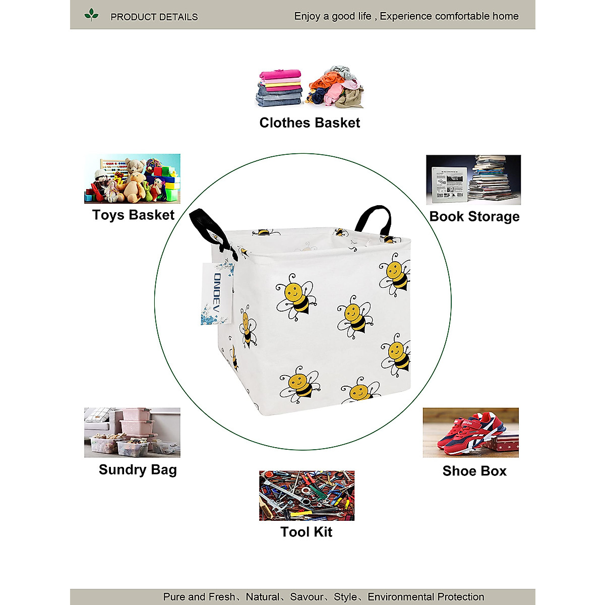ONOEV Square Fabric storage box, decorative basket and finishing basket with handle are used for the storage of clothes, books and sundries (Black Vertical Arrow)