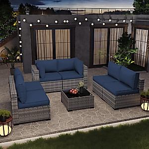 Amopatio Patio Furniture Set, Outdoor Patio Furniture Wicker Furniture Couch Set, 7-Pieces Outdoor Sectional Sofa with Patio Furniture Cover, Outdoor Patio Set for Home Furniture (Navy Blue)