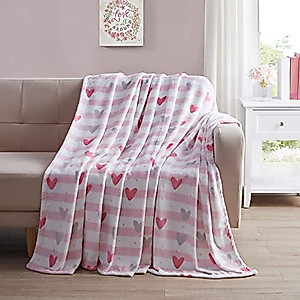 VCNY Valentine Soft Throw Blanket: Stripes and Hearts, Grey Pink Black White, Accent for Couch Sofa Chair Bed or Dorm (Design 5)