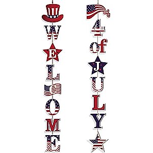 Outus 2 Pieces 4th of July Front Porch Banner Independence Day Front Door Sign Labor Day Decoration Patriotic Welcome Porch Sign Hanging Banner Welcome Hanging Door Banner for Home Decoration (Wood)