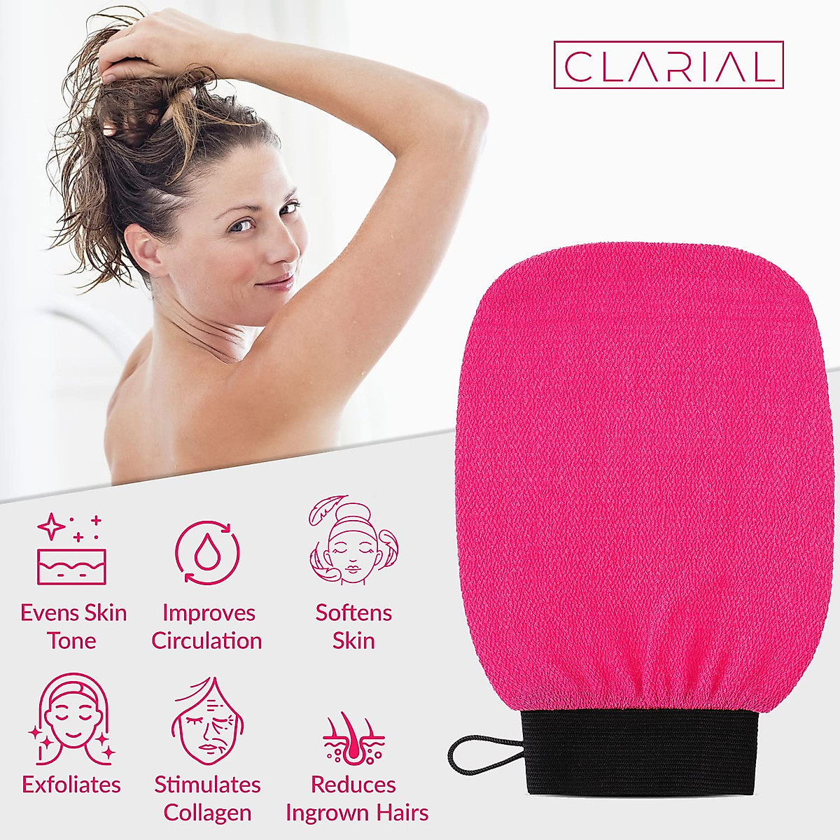 Clarial Exfoliating Body Scrub for Bath and Shower Use - Face Scrubber and Body Exfoliator Mitt, Dead Skin Remover - Exfoliating Glove Shower Scrub for Men and Women - Pair Pink