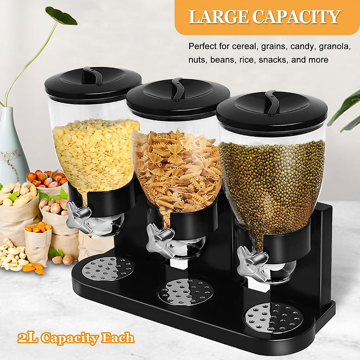Hedday Triple Canister Cereal Dispenser, Plastic Dry Food Cereal Dispenser Container Machine Storage Bottles for Home and Kitchen(Black)