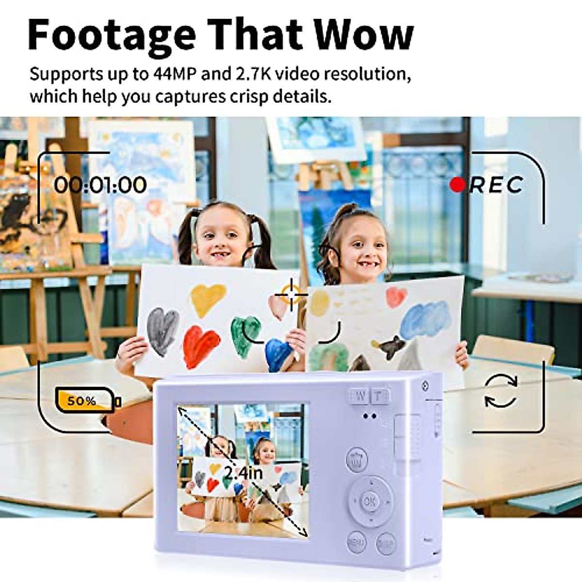 Digital Camera 4K 44MP Compact Point and Shoot Camera with 16X Digital Zoom 32GB SD Card,Kids Camera 2.4 Inch, Vlogging Camera for Teens Students Boys Girls Seniors(Purple2)