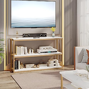 LITTLE TREE Modern Gold White Entryway Hallway Accent Console Table TV Stand with Faux Marble Veneer