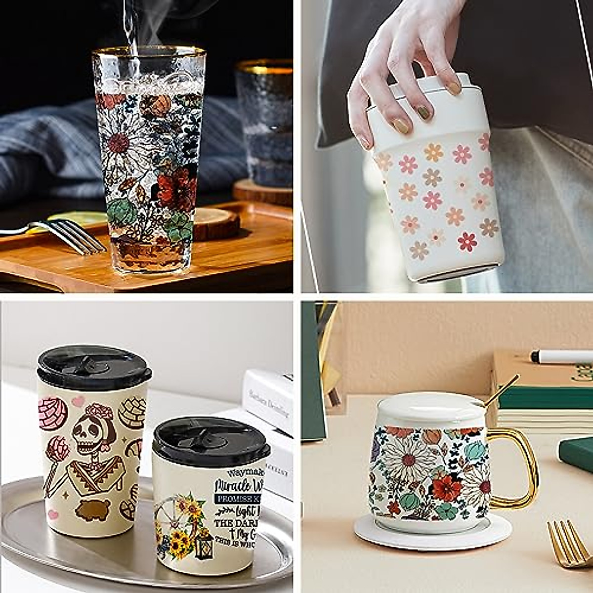 UV DTF Cup Wrap, 10 Sheets Flower Butterfly Bee Coffee Cup Rub on Transfers for Glass Cups, UV DTF Cup Wrap Transfer Stickers Decals Waterproof Rub on Transfers for Glass Cups Crafts Vintage